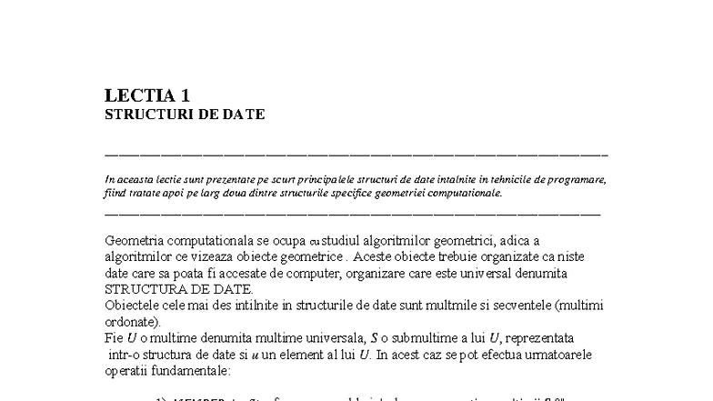 LECTIA 1 - STRUCTURI DE DATE SI GEOMETRIE COMPUTATIONALA - Studocu