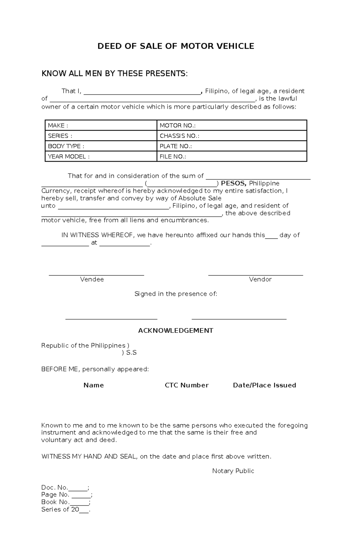 Deed of sale of motor vehicle: legal transfer agreement - Studocu