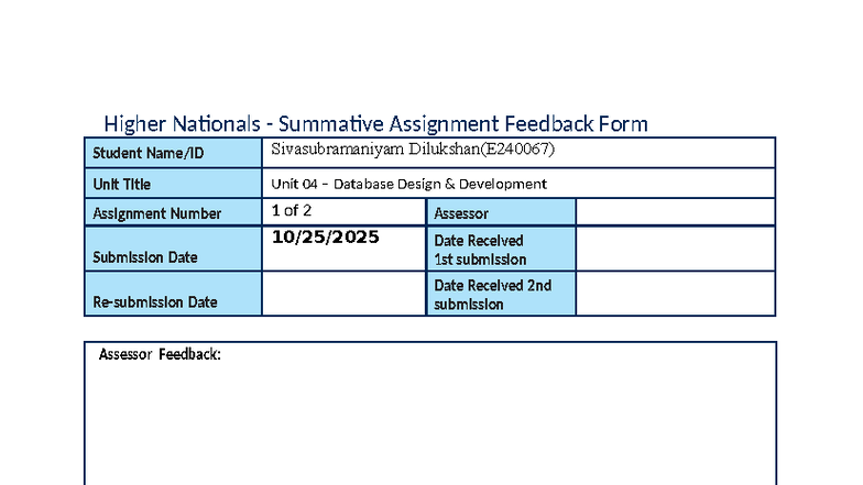 Unit 04: Database Design Development - Summative Assignment Feedback Form - Studocu