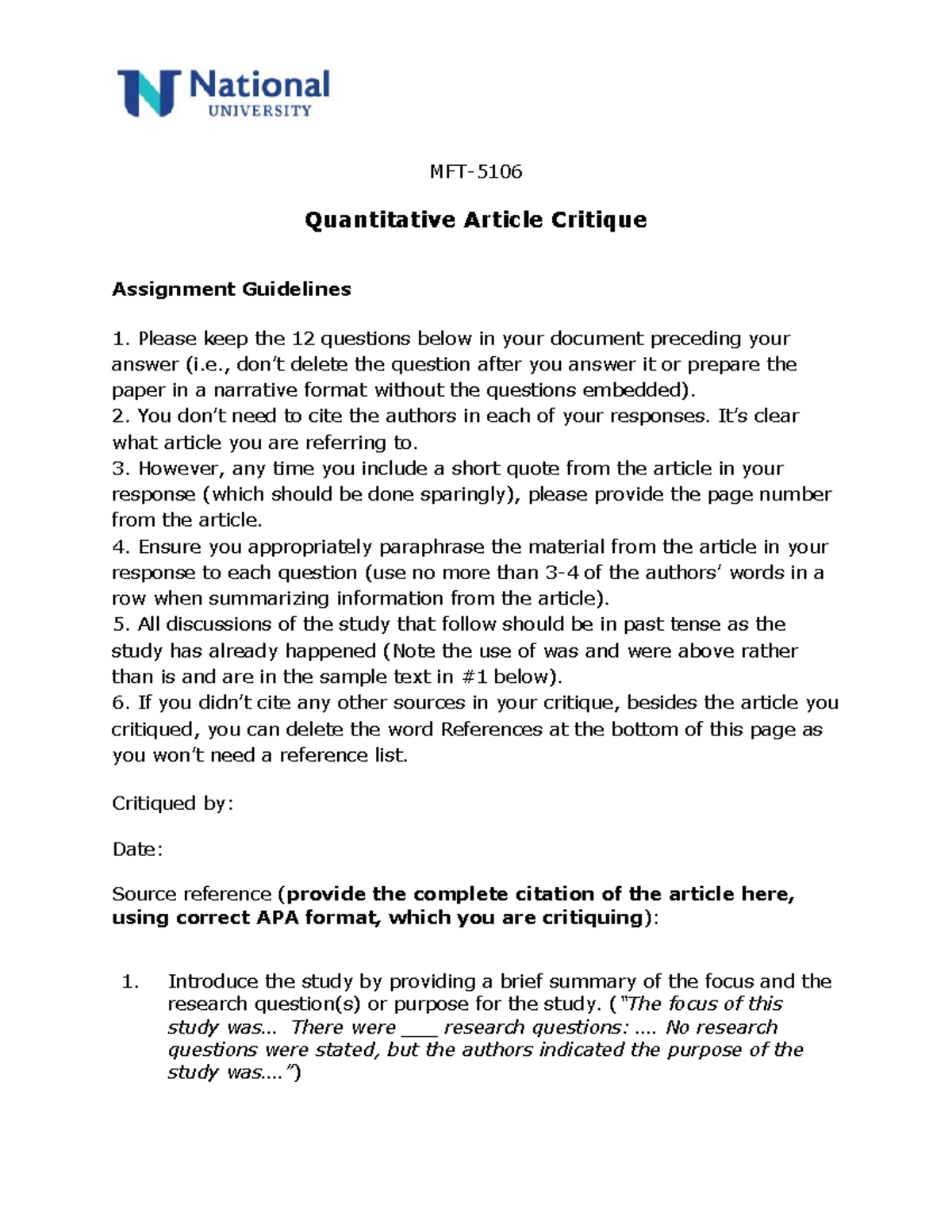 Week 7 Quantitative Critique Assignment Guidelines (Course Code: El ...