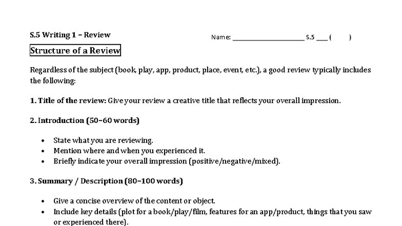 Review WS - 1111111 - S Writing 1 – Review Structure of a Review ...