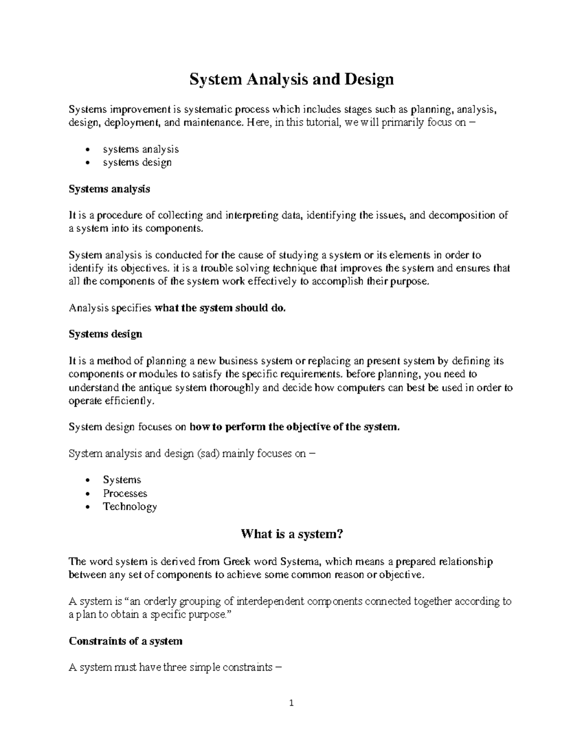 System Analysis and Design Notes - System Analysis and Design Systems ...