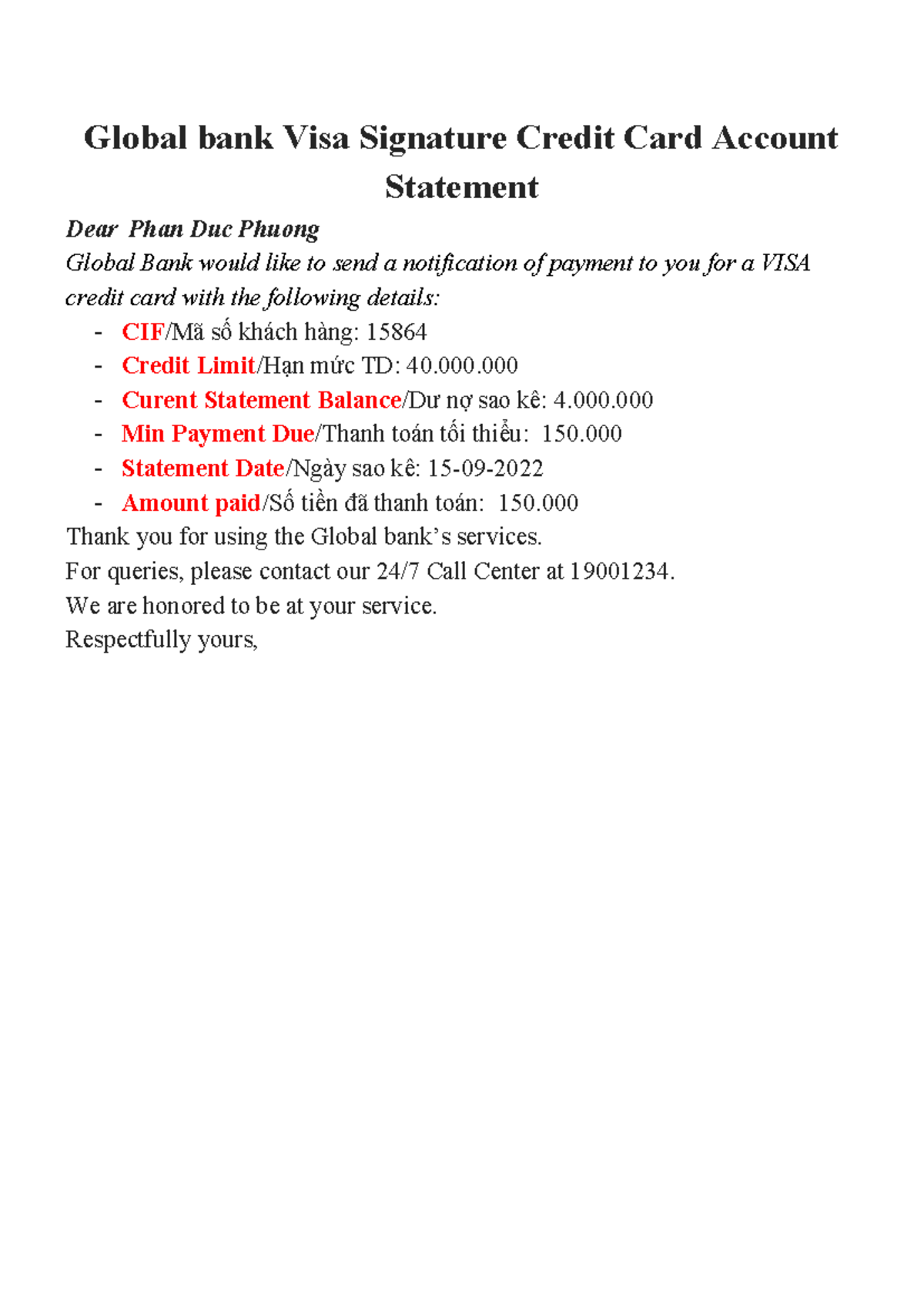 Global Bank Visa Signature Credit Card Statement Notification - Studocu