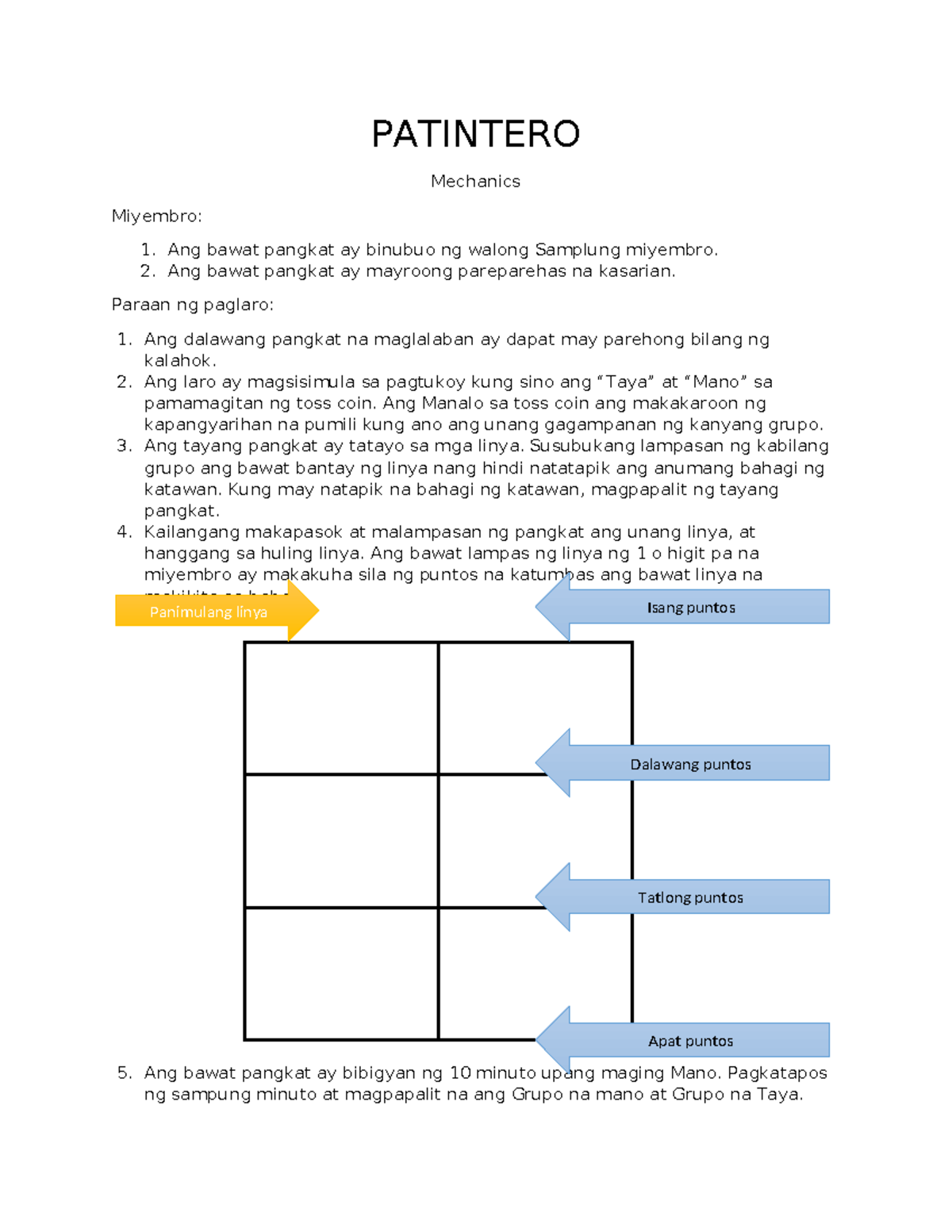 Patintero Game Mechanics and Rules for Group Play - Studocu