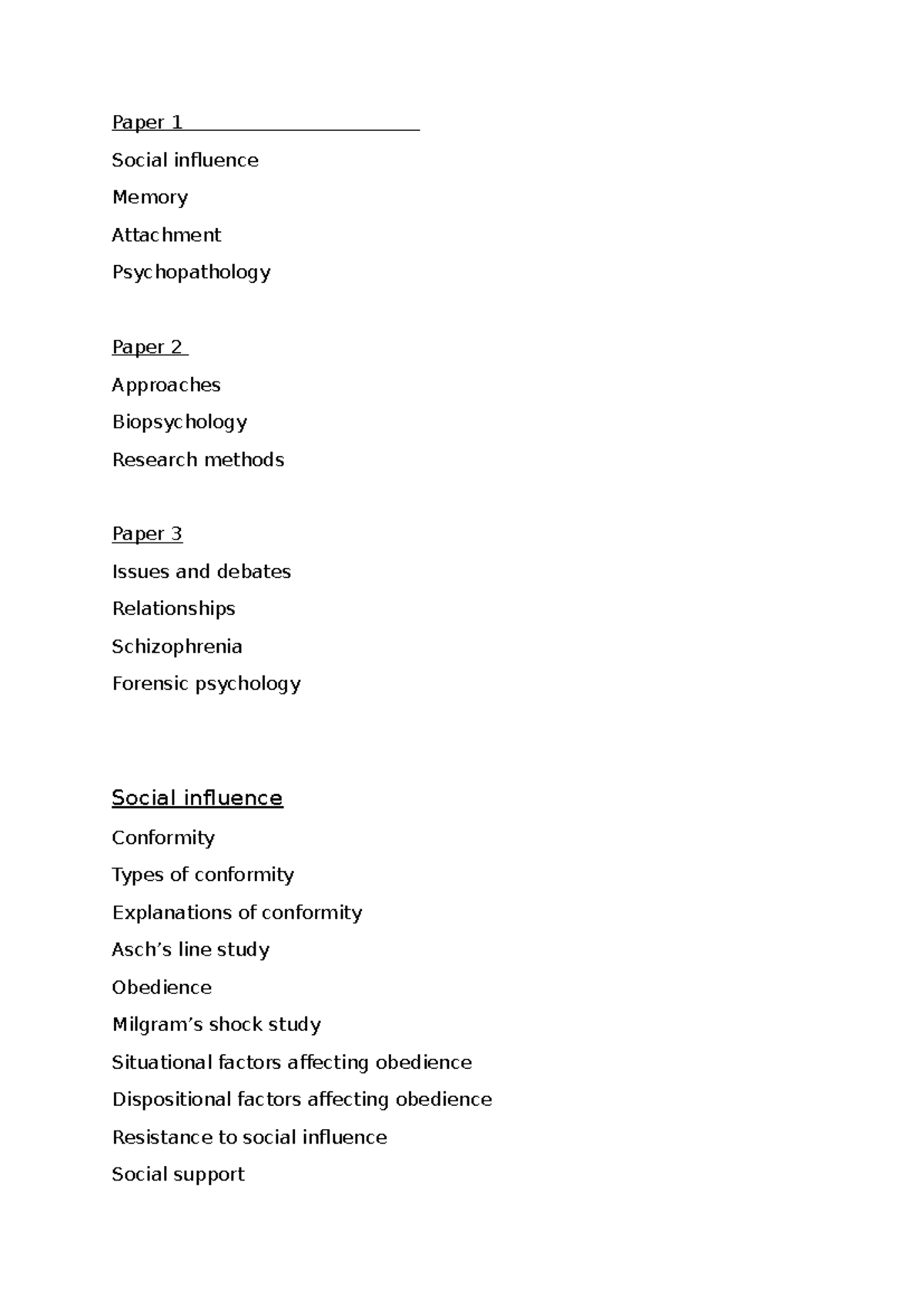 Psychology checklist - Checklisy of topics - Paper 1 Social influence ...