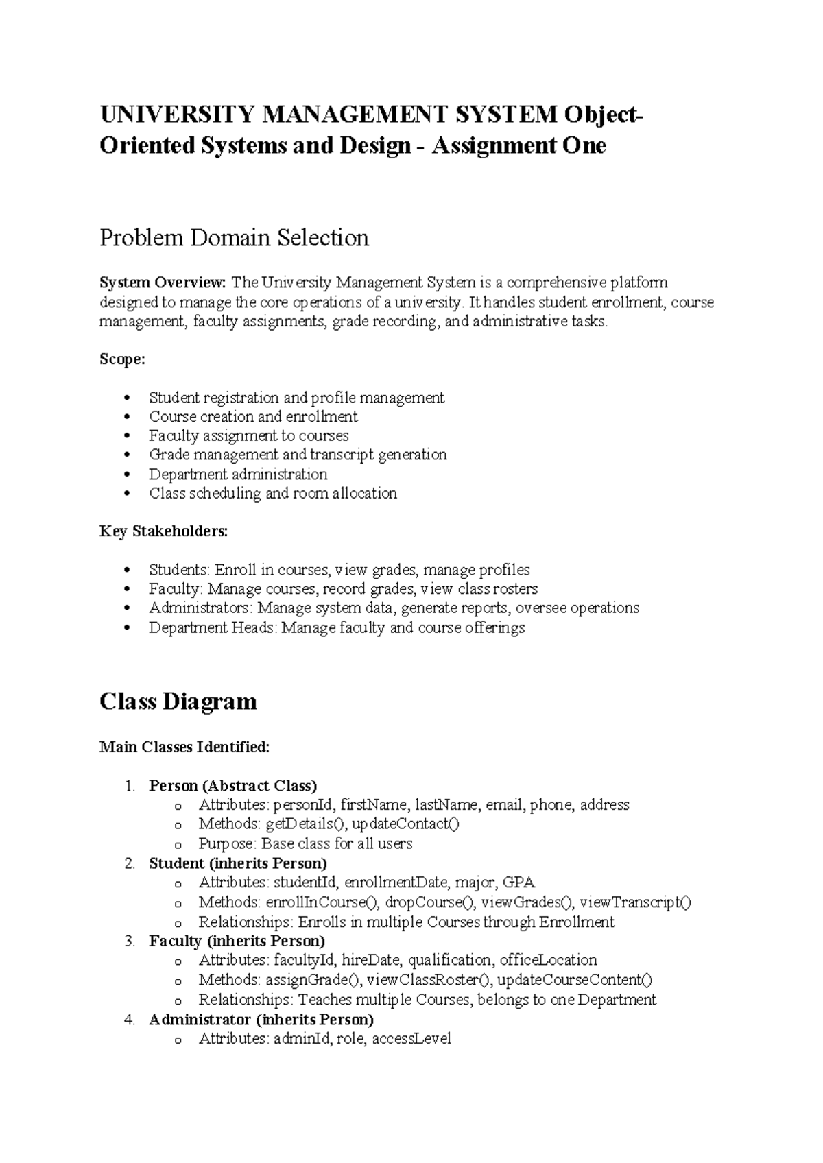 Object-Oriented Systems and Design: UMS Assignment 1 Overview - Studocu