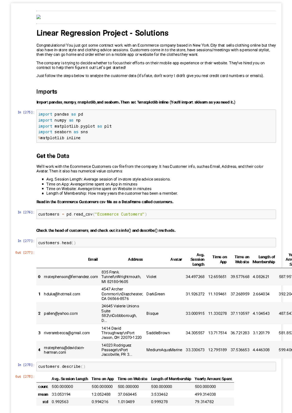 03-Linear Regression Project - Solutions and Insights - Studocu