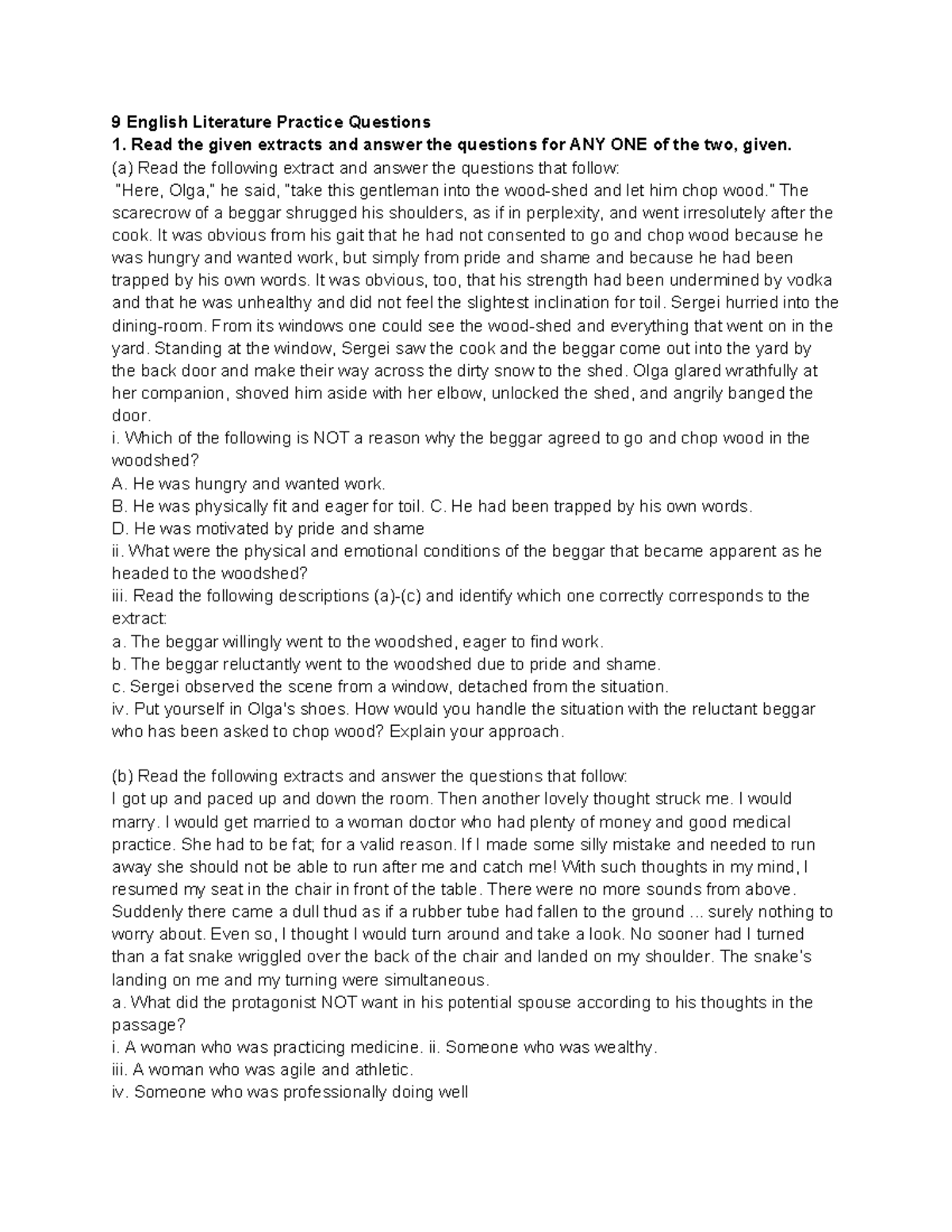 Worksheet - 8: English Literature Practice Questions and Answers - Studocu