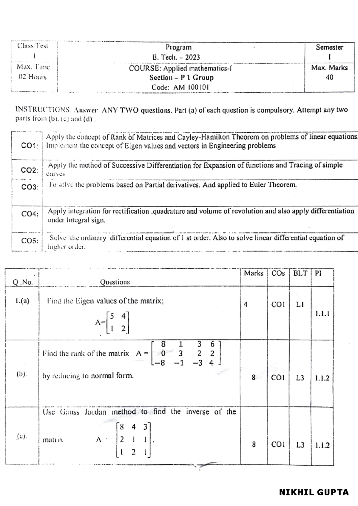 MATH M1 2023 Class Test 1 - Rank Matrices & Differential Equations ...