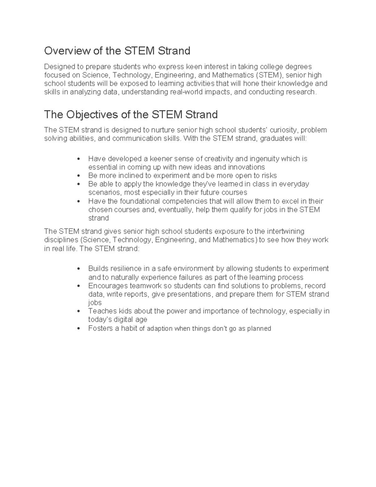 STEM Strand Overview: Preparing Students for Future Careers in STEM ...