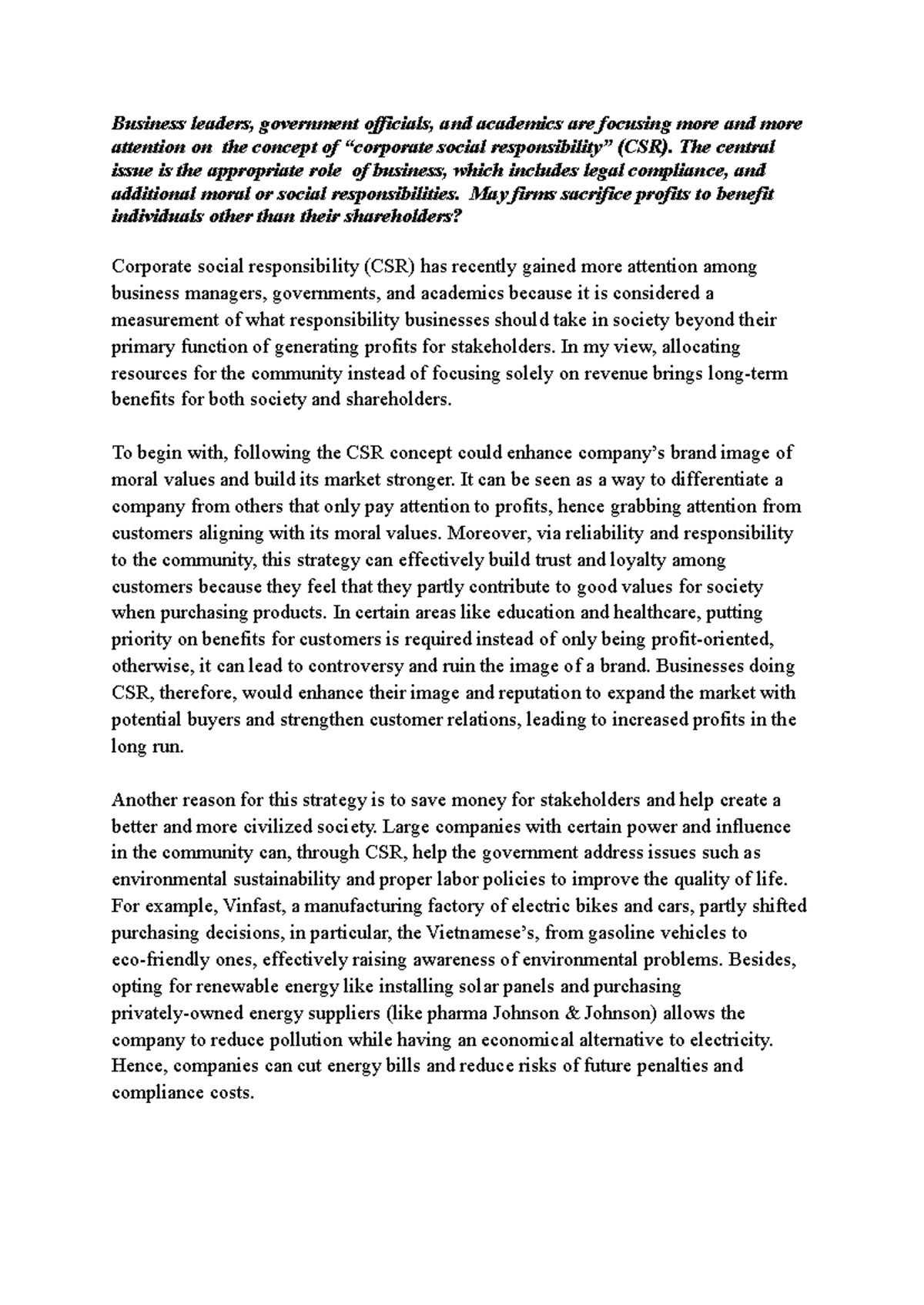 Essay on Corporate Social Responsibility - TIẾNG ANH CHUYÊN NGÀNH - Studocu