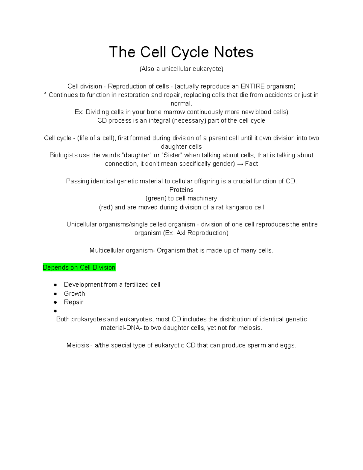 The Cell Cycle Notes - The Cell Cycle Notes (Also a unicellular ...