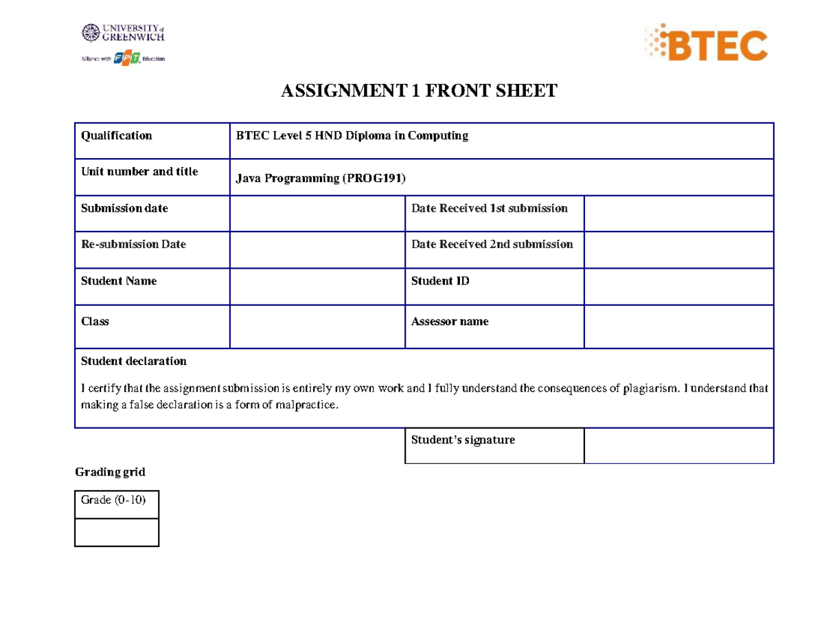 ASM - PROG191 - ASSIGNMENT 1 FRONT SHEET Qualification BTEC Level 5 HND Diploma in Computing ...