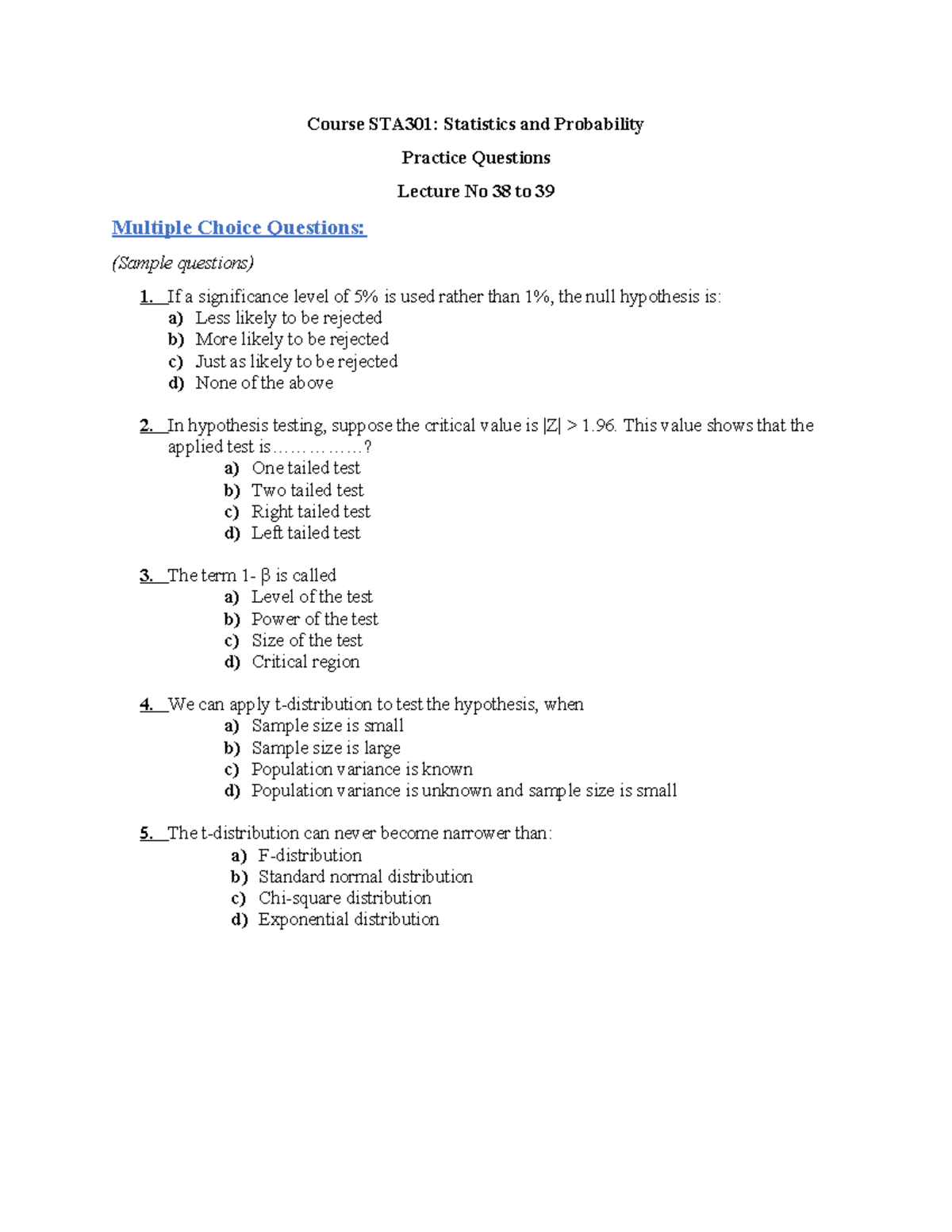 Course STA301: Statistics & Probability Practice Questions (Lectures 38 ...