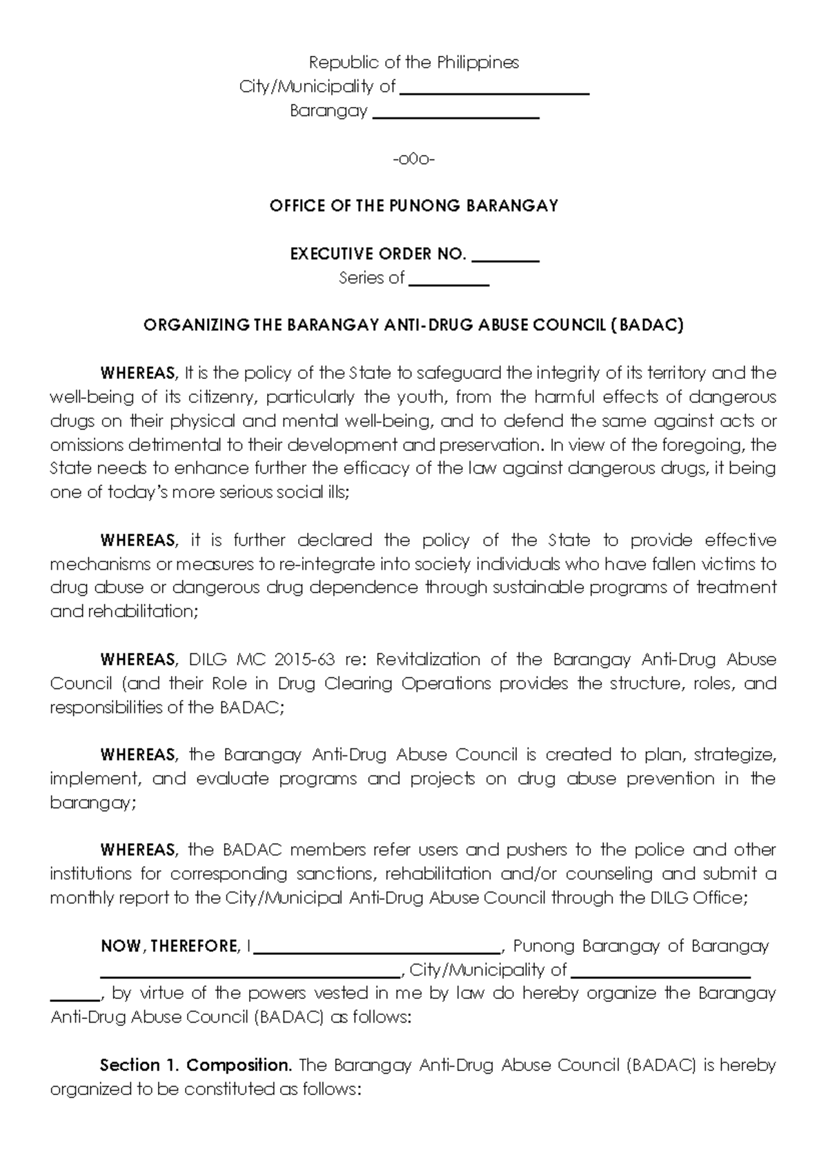 Organizing the Barangay Anti-Drug Abuse Council (BADAC) Executive Order ...
