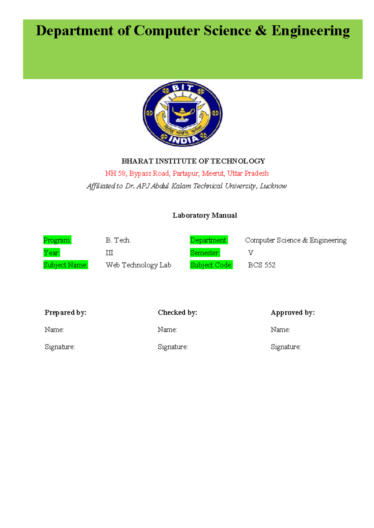 WEB TECH LAB Manual BCS 552 - Semester V - Studocu