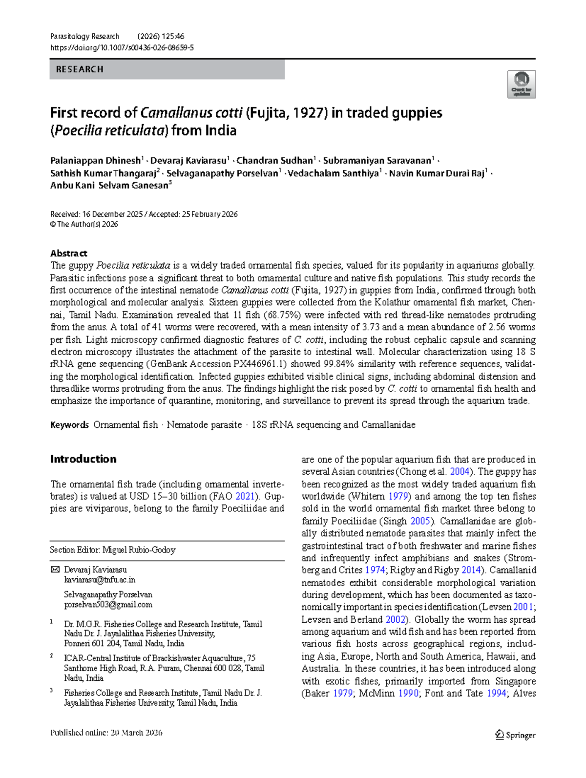 First Record of Camallanus cotti in Guppies (Poecilia reticulata) from ...
