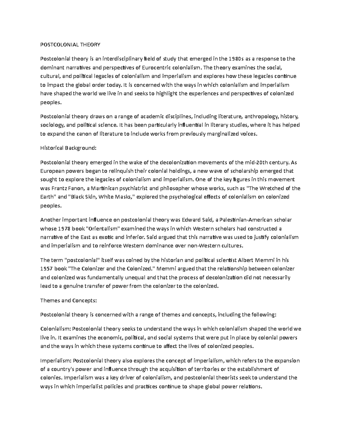 Postcolonial Theory Overview - Political Science Insights - Studocu