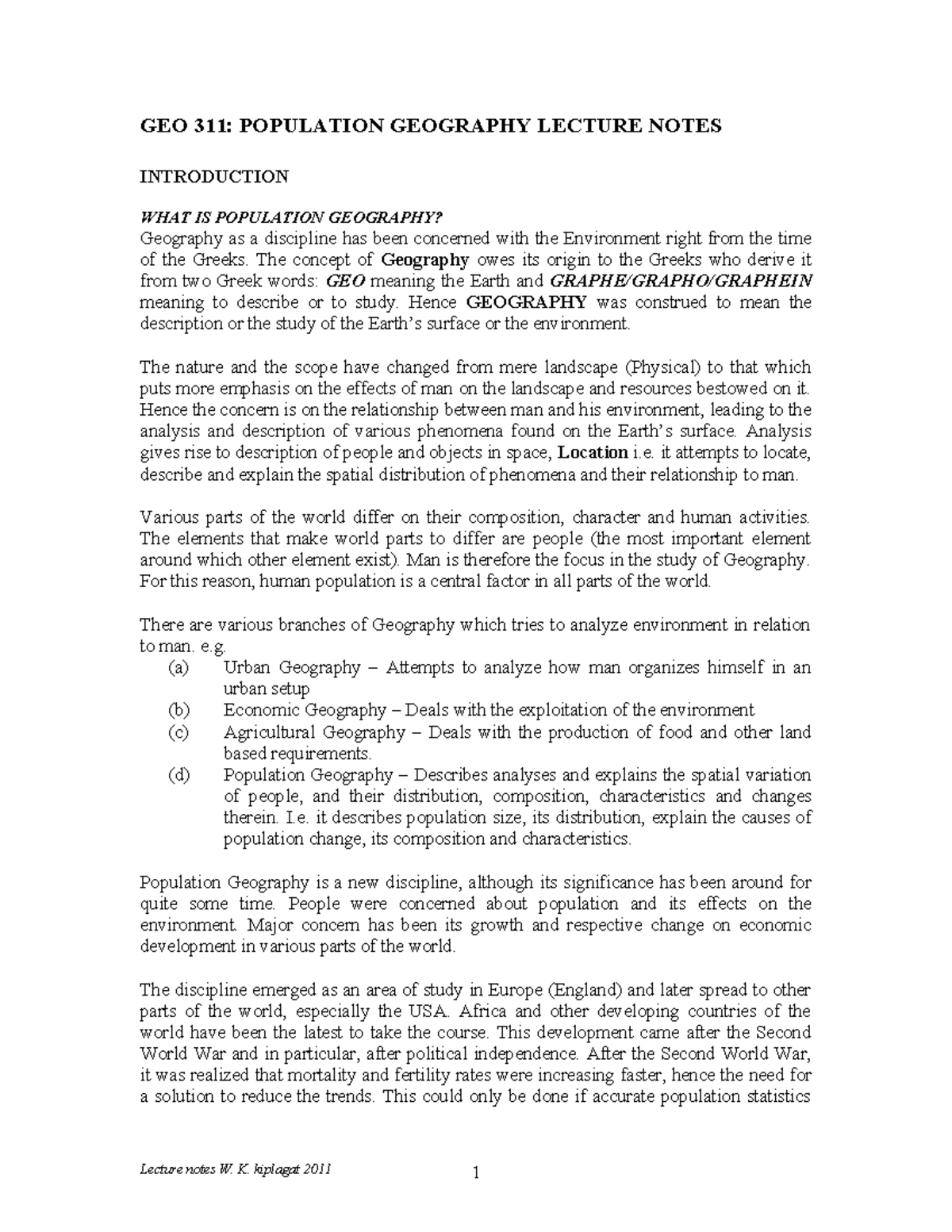 GEO 311: Population Geography Lecture Notes Overview - Studocu