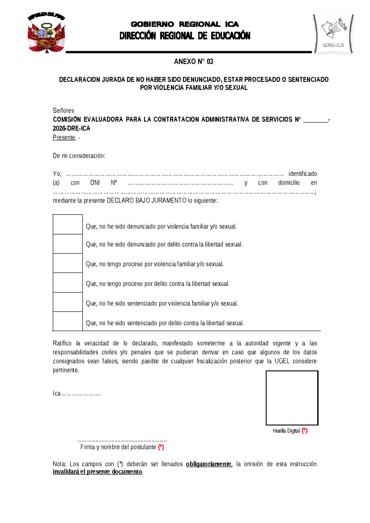 Anexo 03 - Declaración Jurada de No Haber Sido Denunciado por Violencia ...