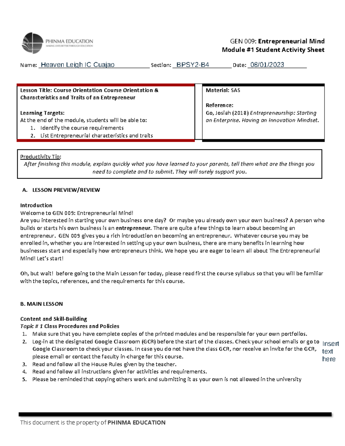 GEN 009 SAS#1 2324 - Module 1: Entrepreneurial Mindset & Traits - Studocu