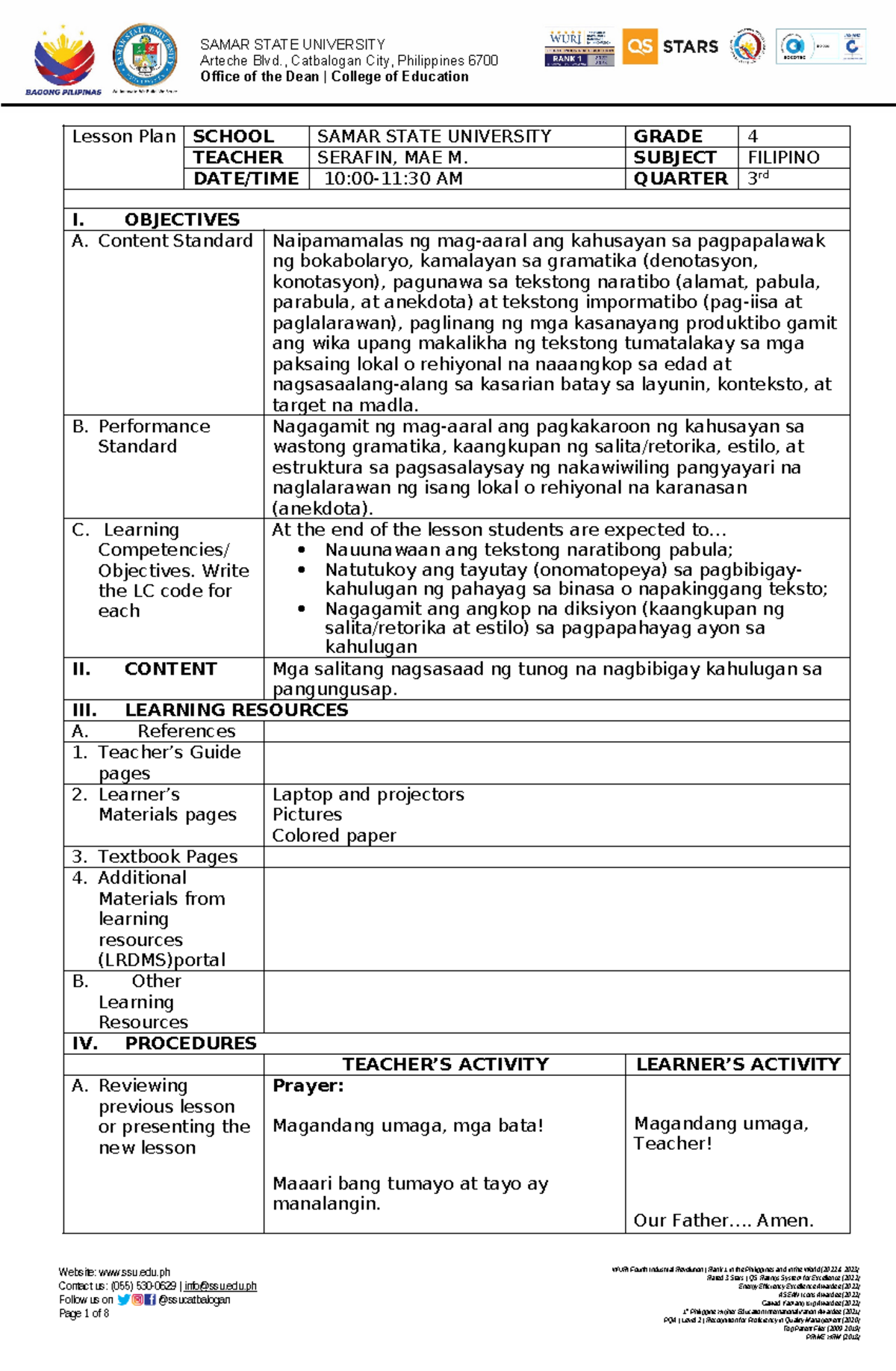 Detailed lesson Plan final- elementary - Arteche Blvd., Catbalogan City ...