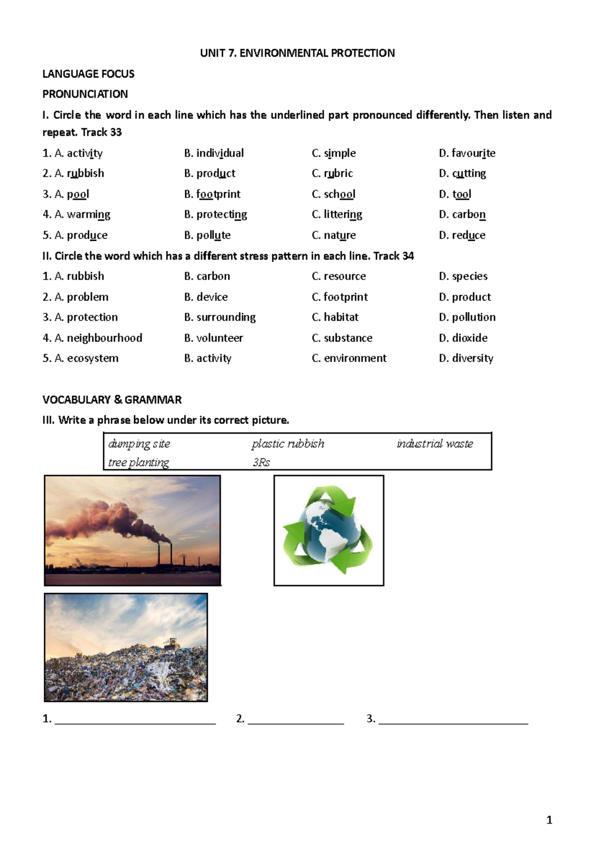 UNIT 7 - Environmental Protection: Language Focus & Activities - Studocu