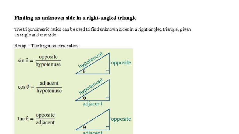 Finding Unknown Sides in Right-Angled Triangles: Trig Ratios - Studocu