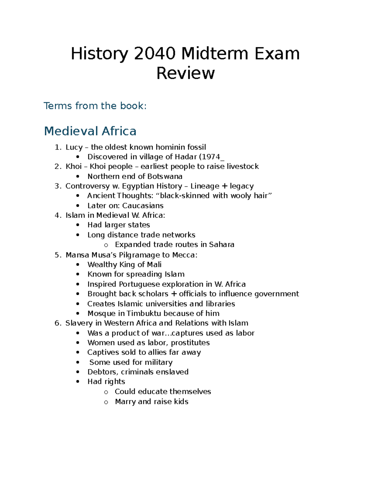 History 2040 Midterm Exam Review: Key Terms on African Civilizations ...