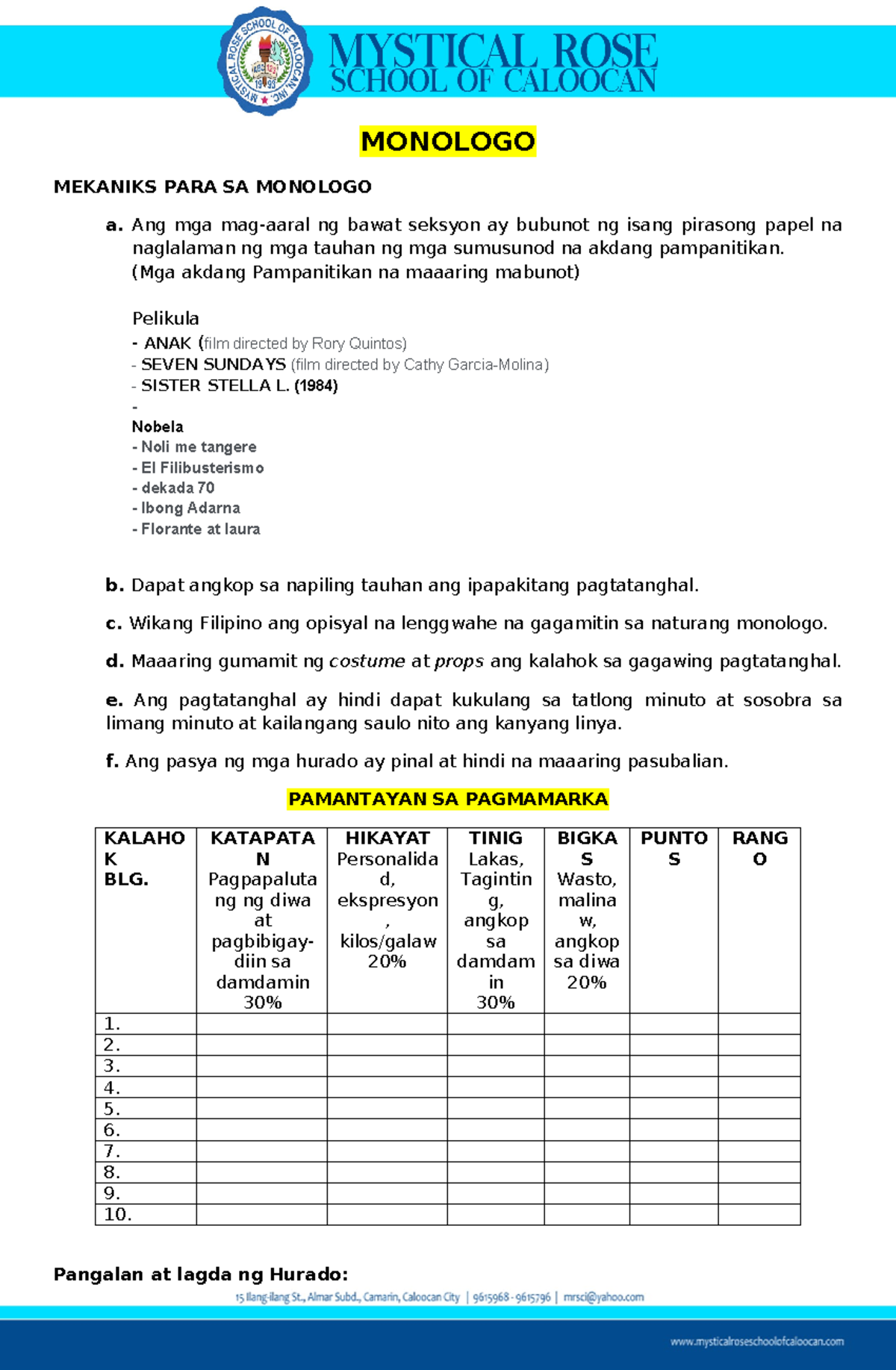 Pagbasa Performance Task: Mekaniks para sa Monologo 2024-2025 - Studocu