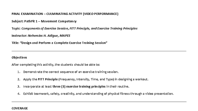 Finals-1 - review - FINAL EXAMINATION – CULMINATING ACTIVITY (VIDEO ...