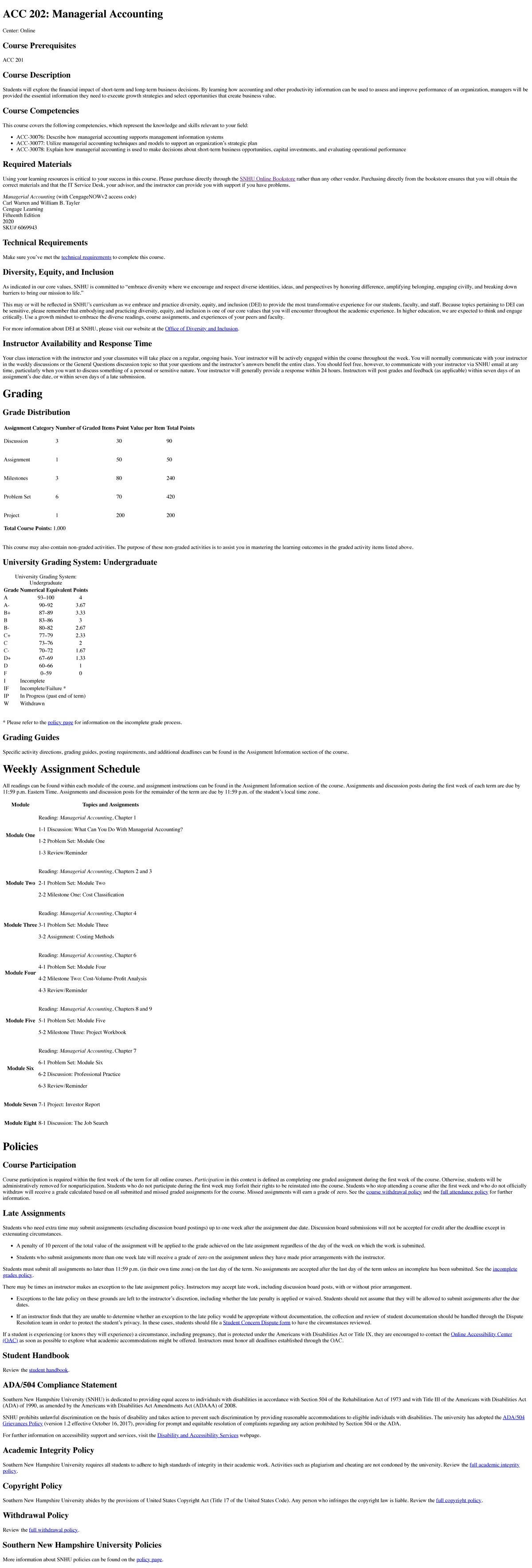 ACC 202 Syllabus: Managerial Accounting Course Overview and Guidelines ...