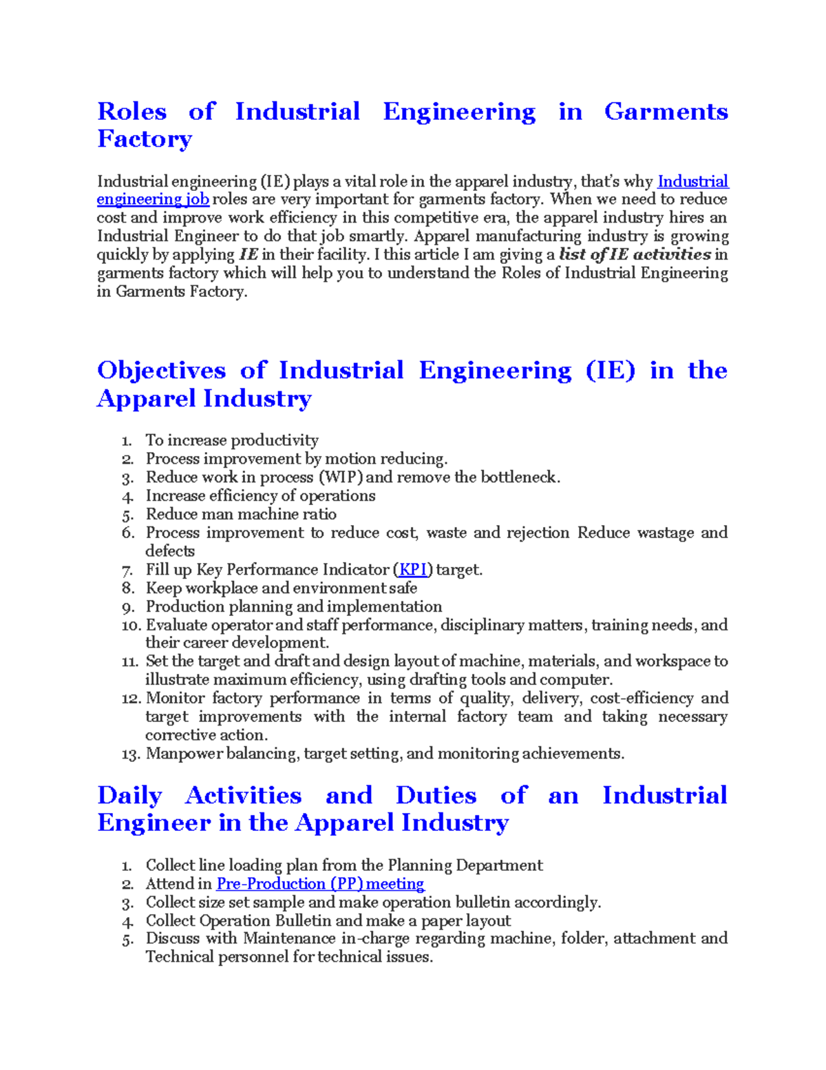 Roles of Industrial Engineering in Garments Industry: A Study Guide ...