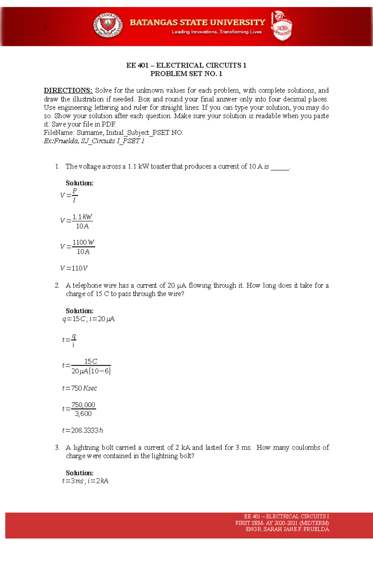 EVA Eunice Suarez - PSET Midterms Circuits I - EE 401 – ELECTRICAL CIRCUITS 1 PROBLEM SET NO. 1 ...