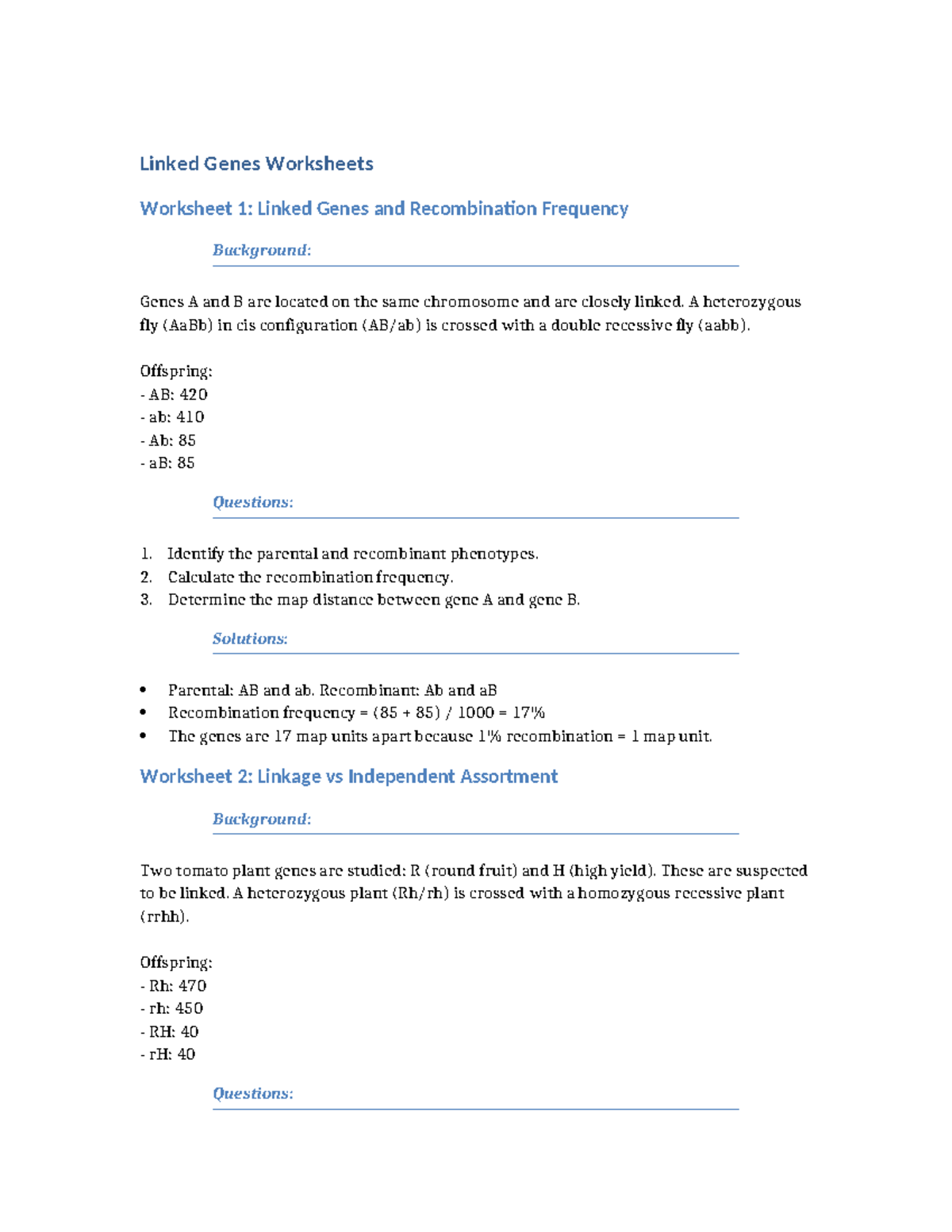 Linked Genes Worksheets: Recombination & Gene Mapping Exercises - Studocu