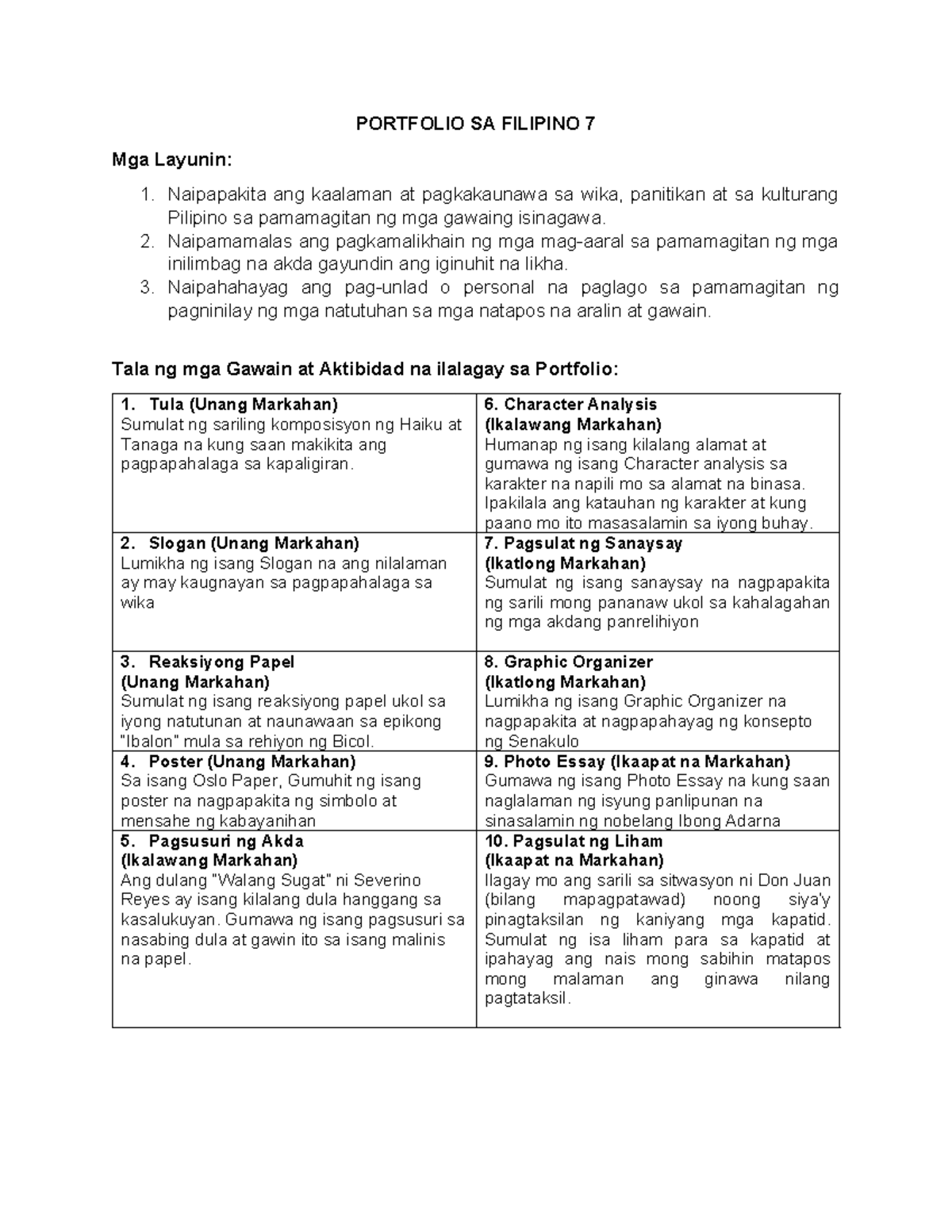 ED 6 Portfolio Planning for Filipino 7 Activities and Goals - Studocu