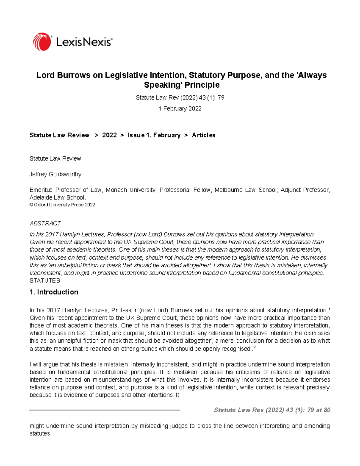 "Case Study: Lord Burrows on Legislative Intention and Statutory ...