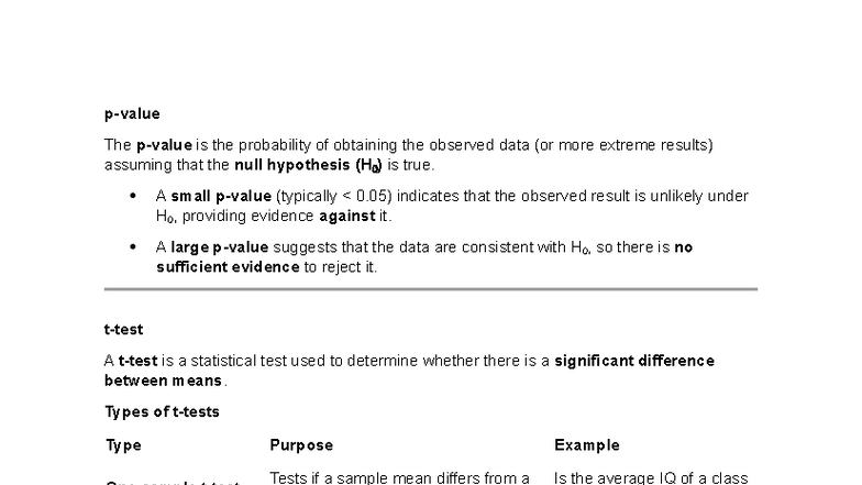 P Value & T-Test Notes for Statistical Analysis - Studeersnel