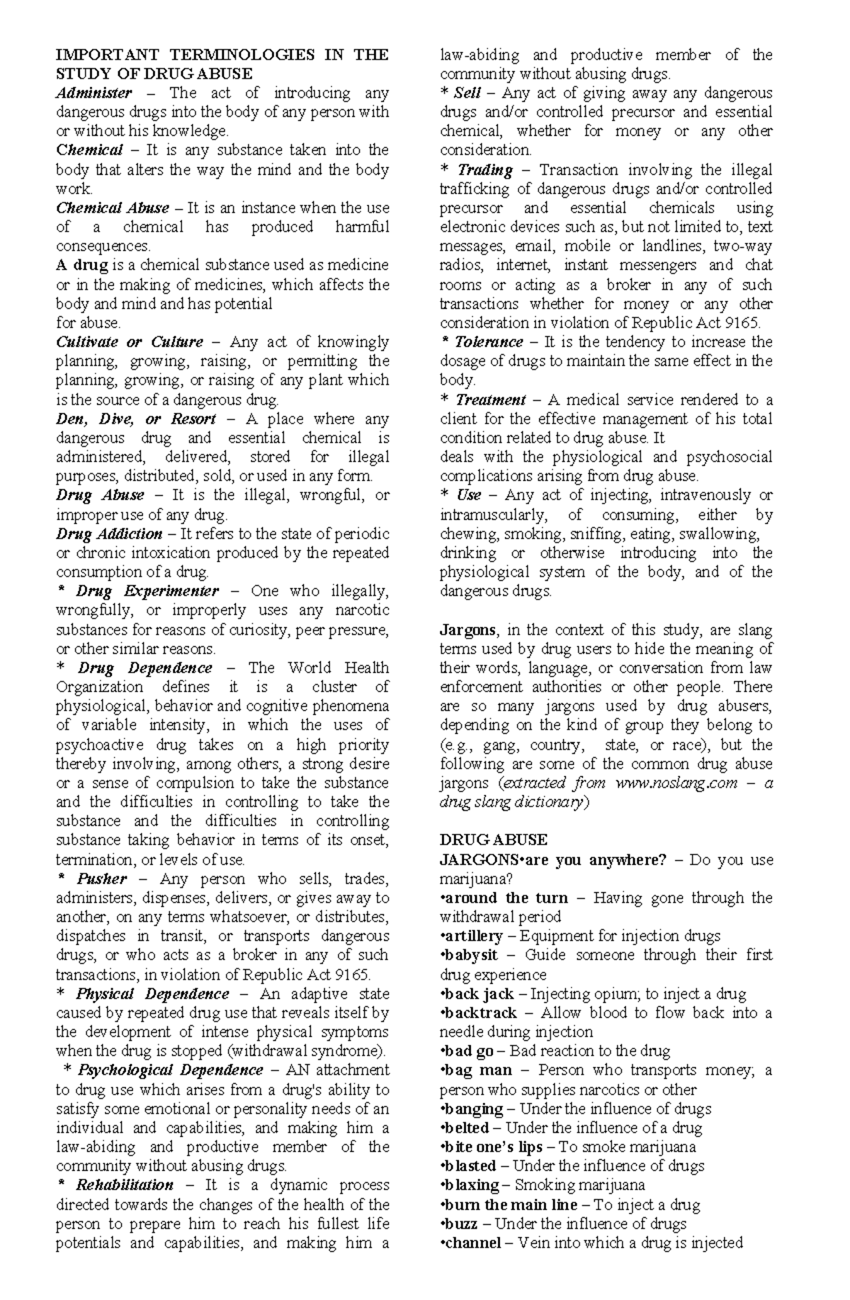 CDI 7 - Key Terminologies in Drug Abuse Studies - Studocu