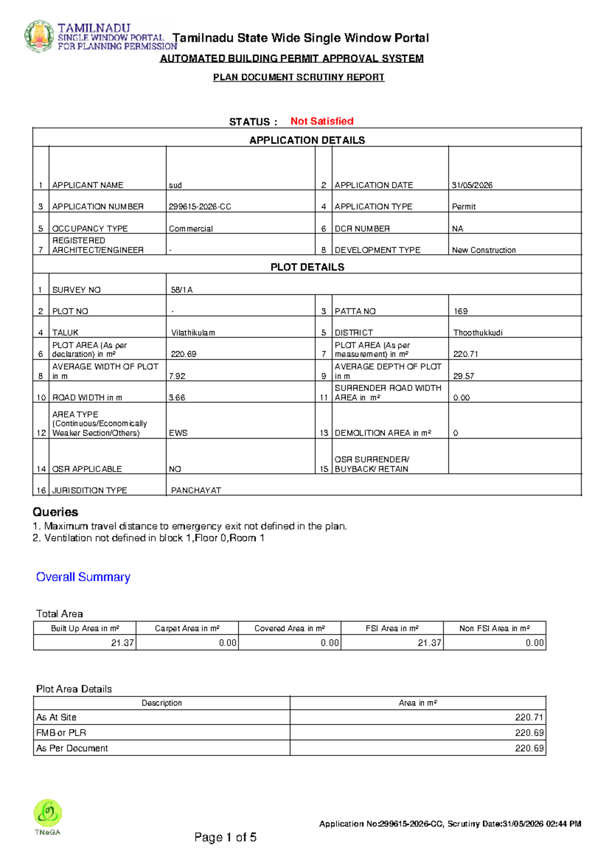 Tamilnadu Building Permit Approval System Scrutiny Report - Not ...