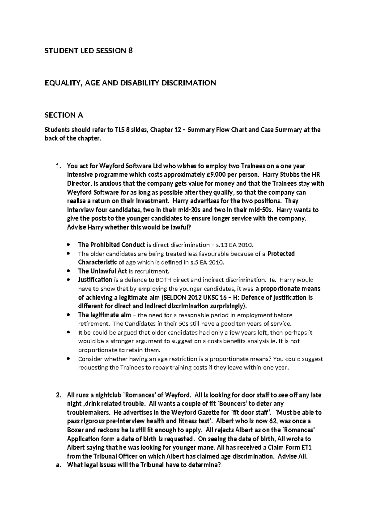 STUDY NOTES: TLS 8 - EQUALITY, AGE & DISABILITY DISCRIMINATION - Studocu