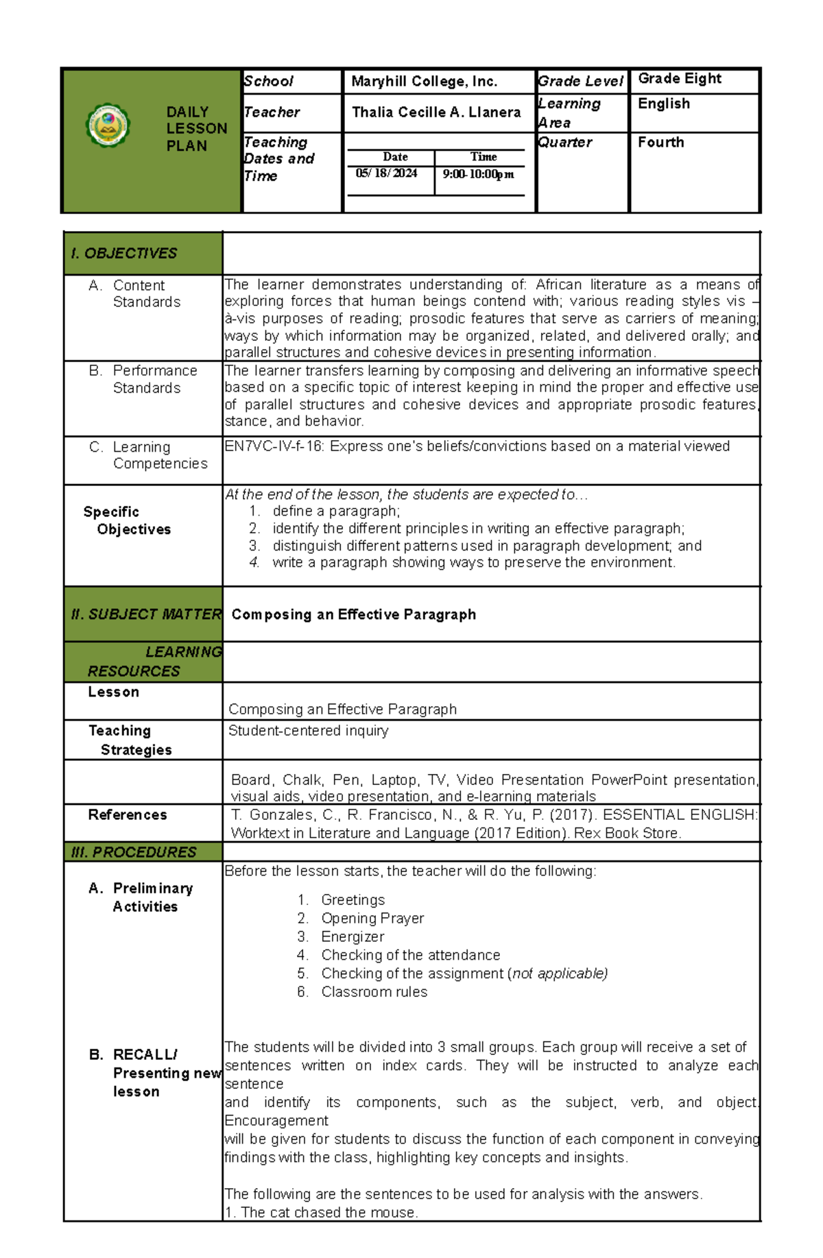 EN8 4th Quarter Lesson Plan: Composing Effective Paragraphs - Studocu