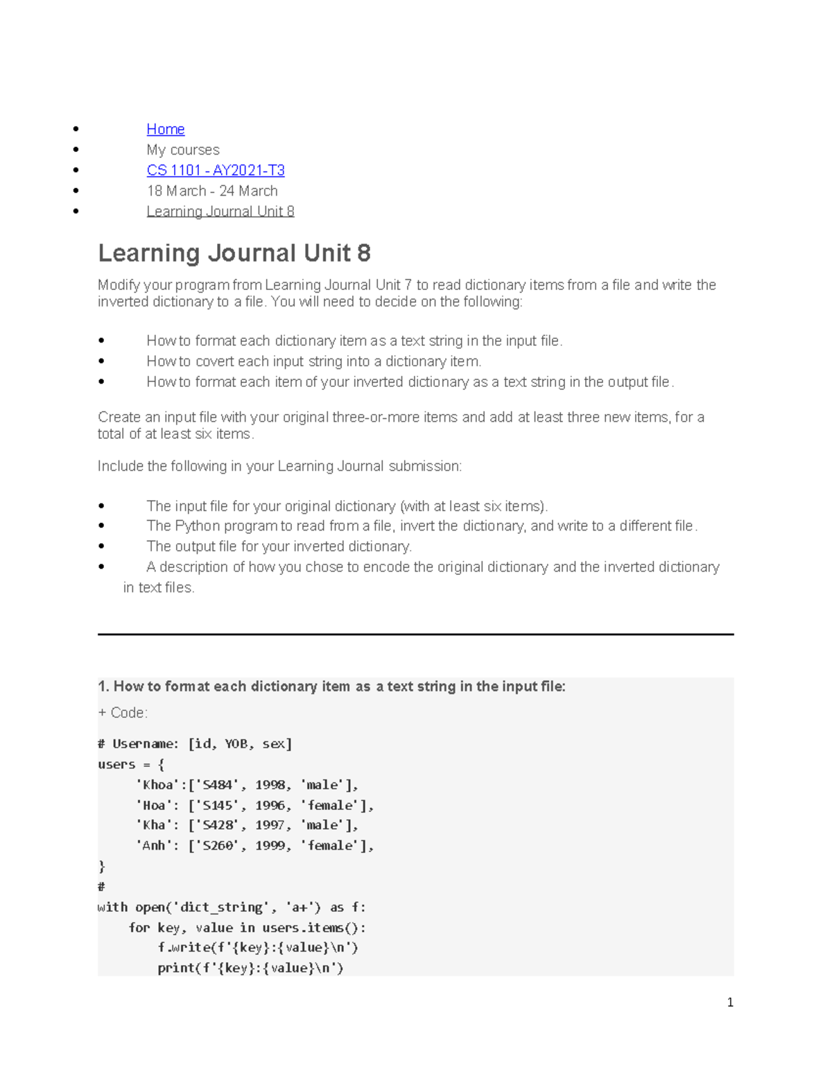 CS 1101 Learning Journal Unit 8 - Home My courses CS 1101 - AY2021-T 18 ...