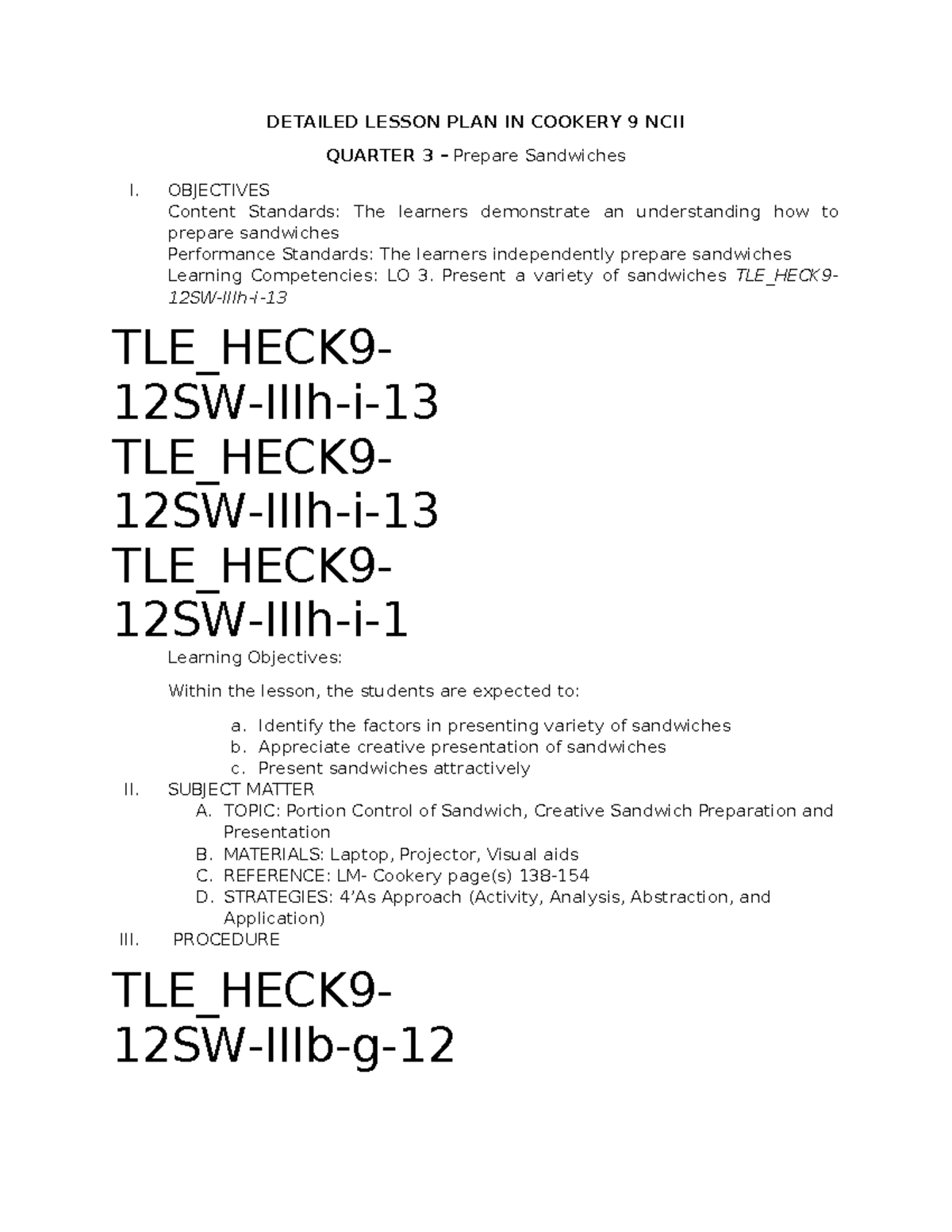 TLE_HECK9: Detailed Lesson Plan on Creative Sandwich Preparation - Studocu