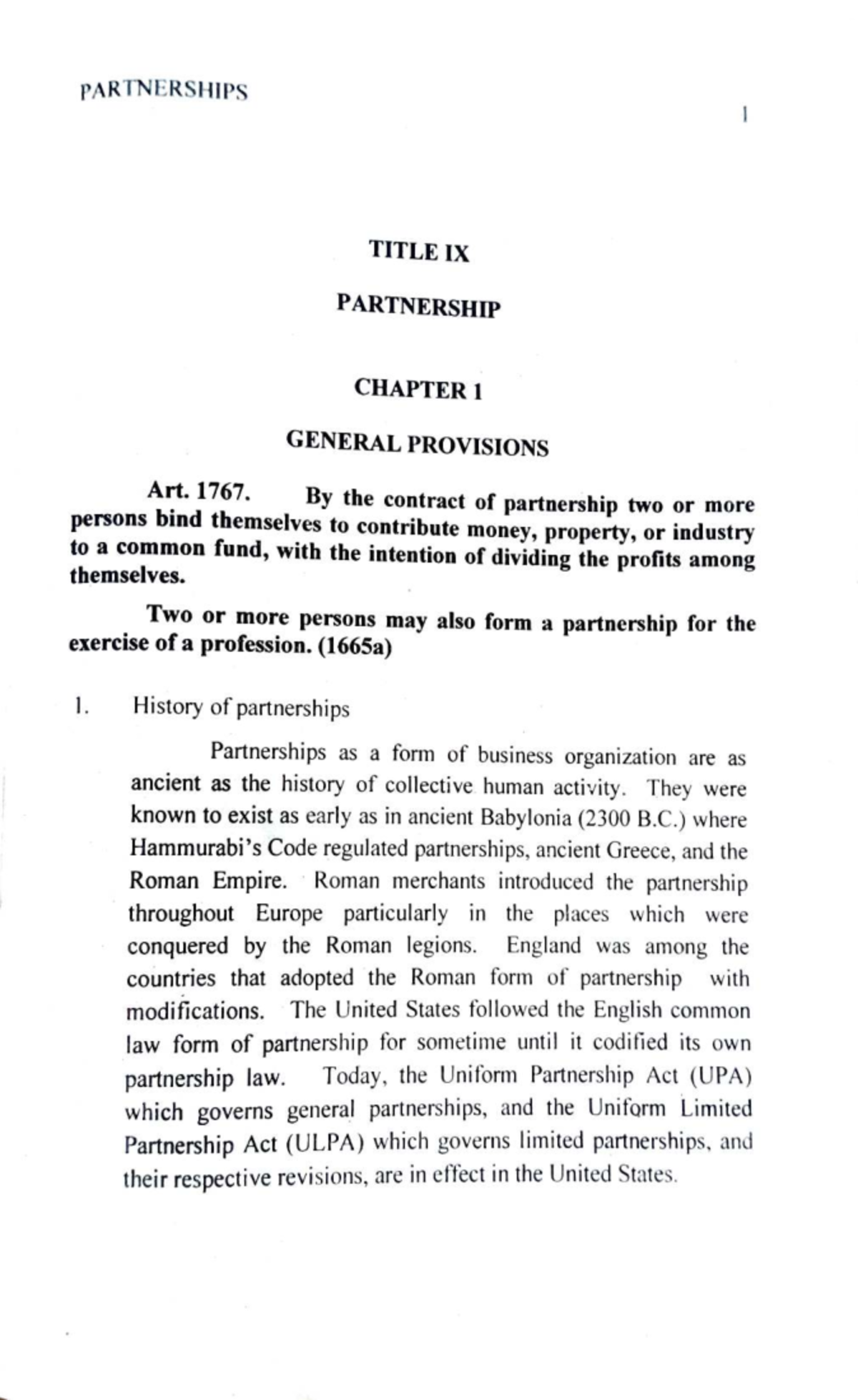 PARTNERSHIPS (LAW 101) CHAPTER 1: GENERAL PROVISIONS AND HISTORY - Studocu