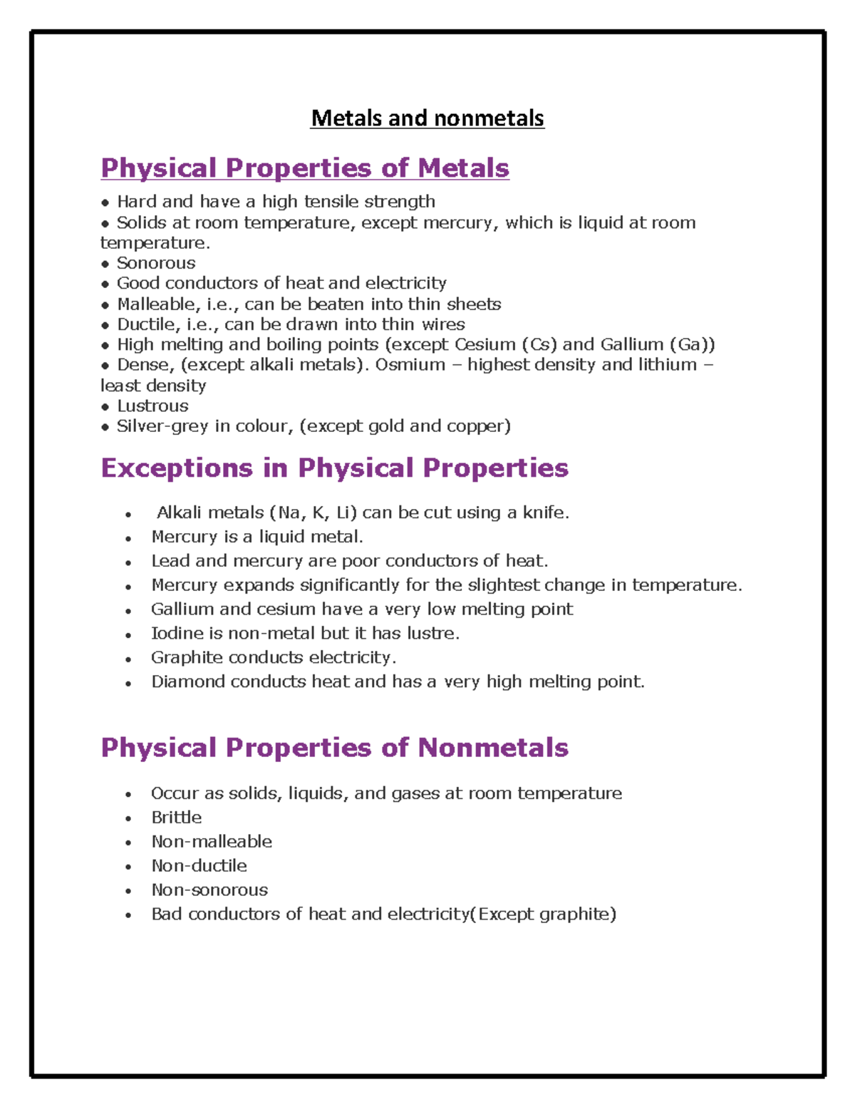 Metals and non-metals notes - Metals and nonmetals Physical Properties ...