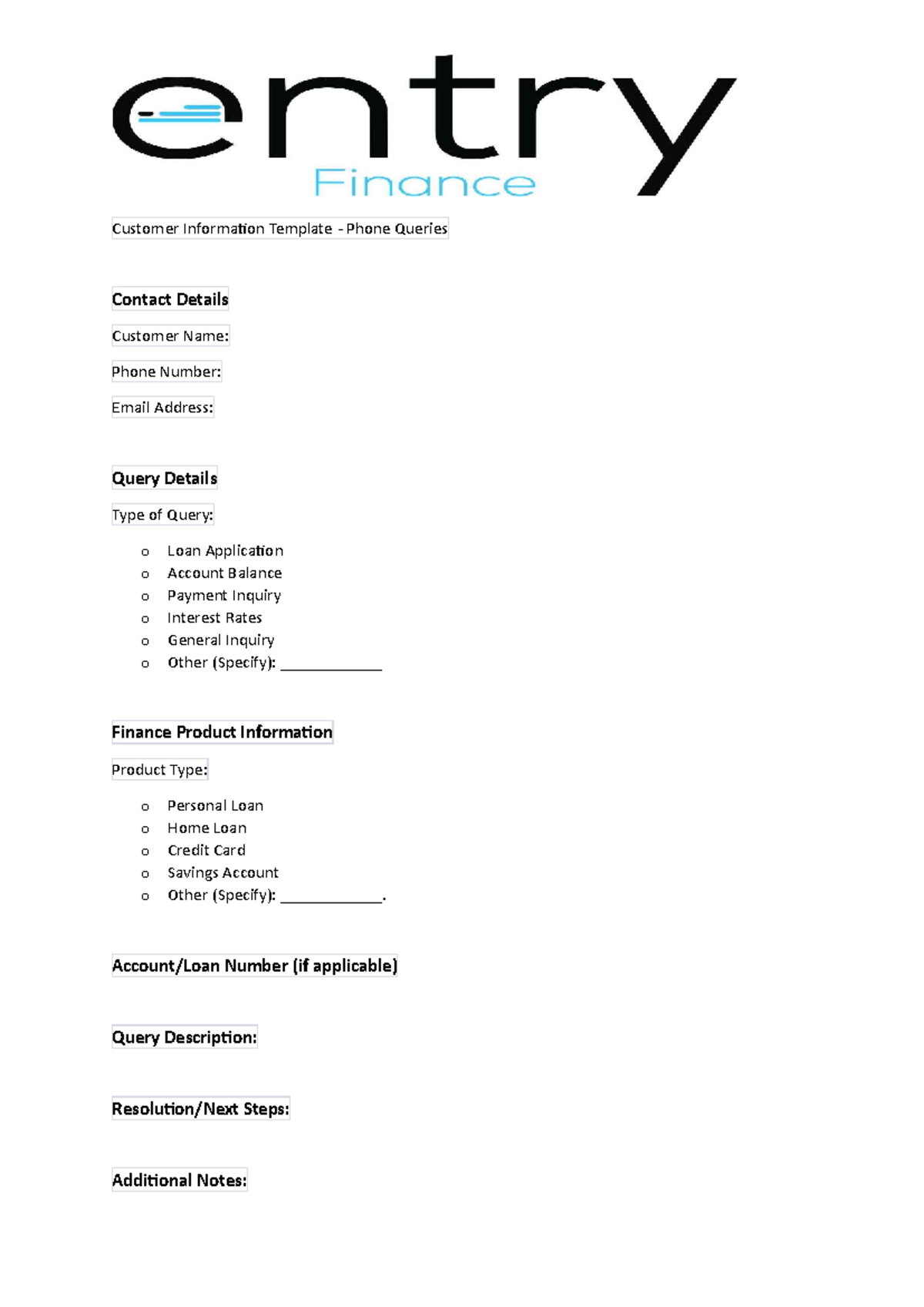 Customer template for phone queries - Customer Informa on Template ...