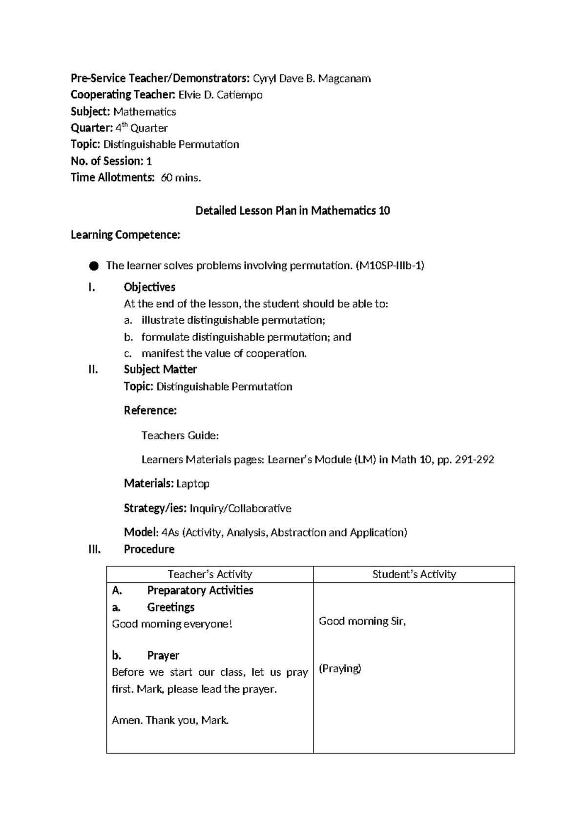 Math 10: Detailed Lesson Plan on Distinguishable Permutation (4As) - Studocu