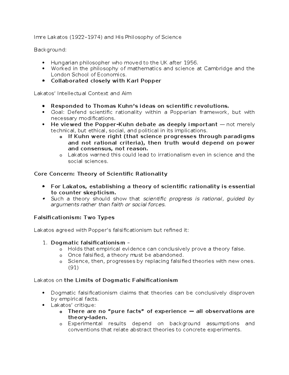 Philosophy of Science: Imre Lakatos' Contributions and Critiques - Studocu