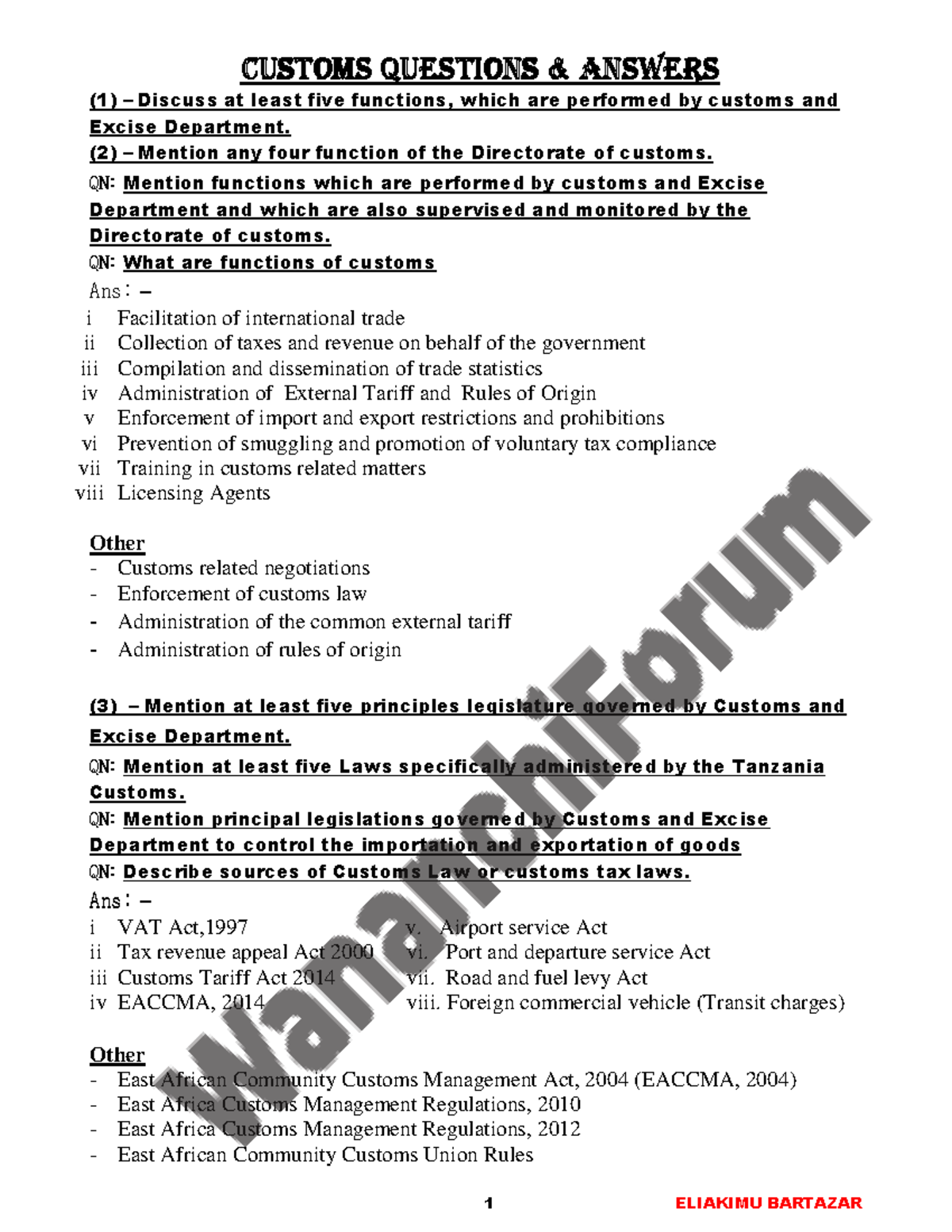 Customs Questions & Answers: Functions, Laws, and Procedures (EACCMA ...